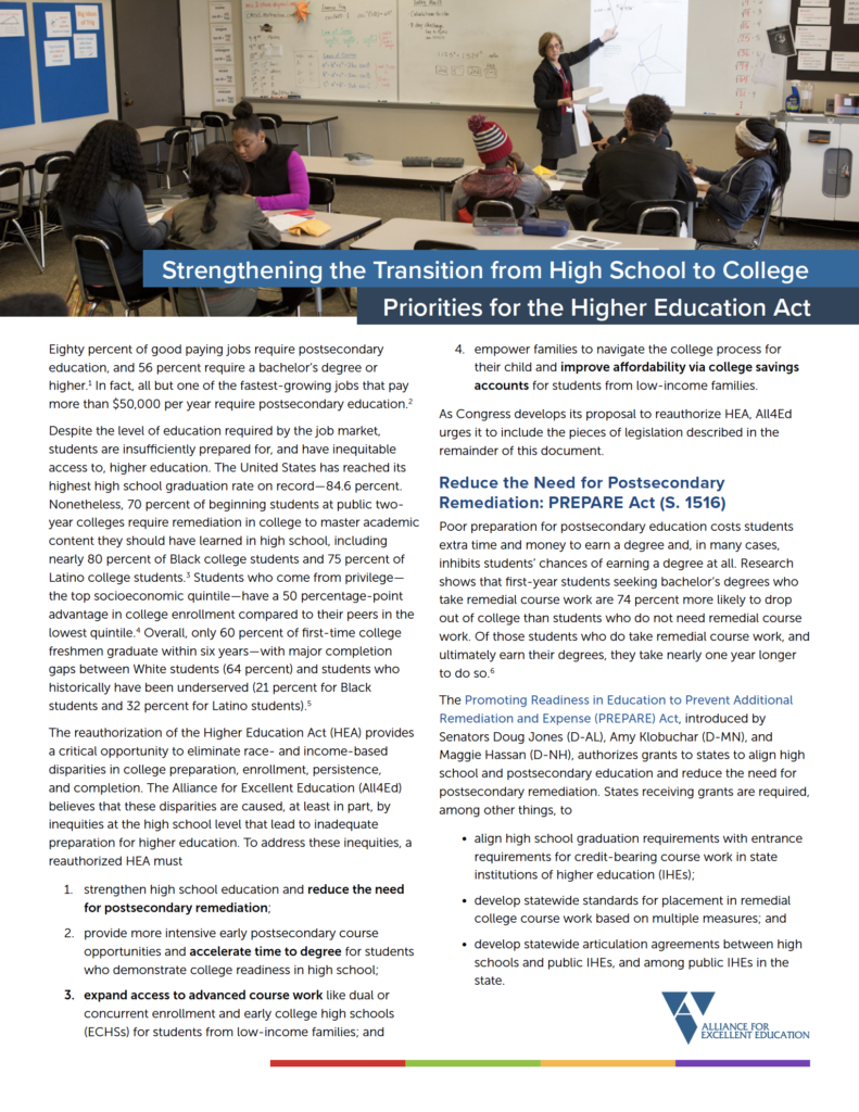 Strengthening the Transition from High School to College: Priorities ...